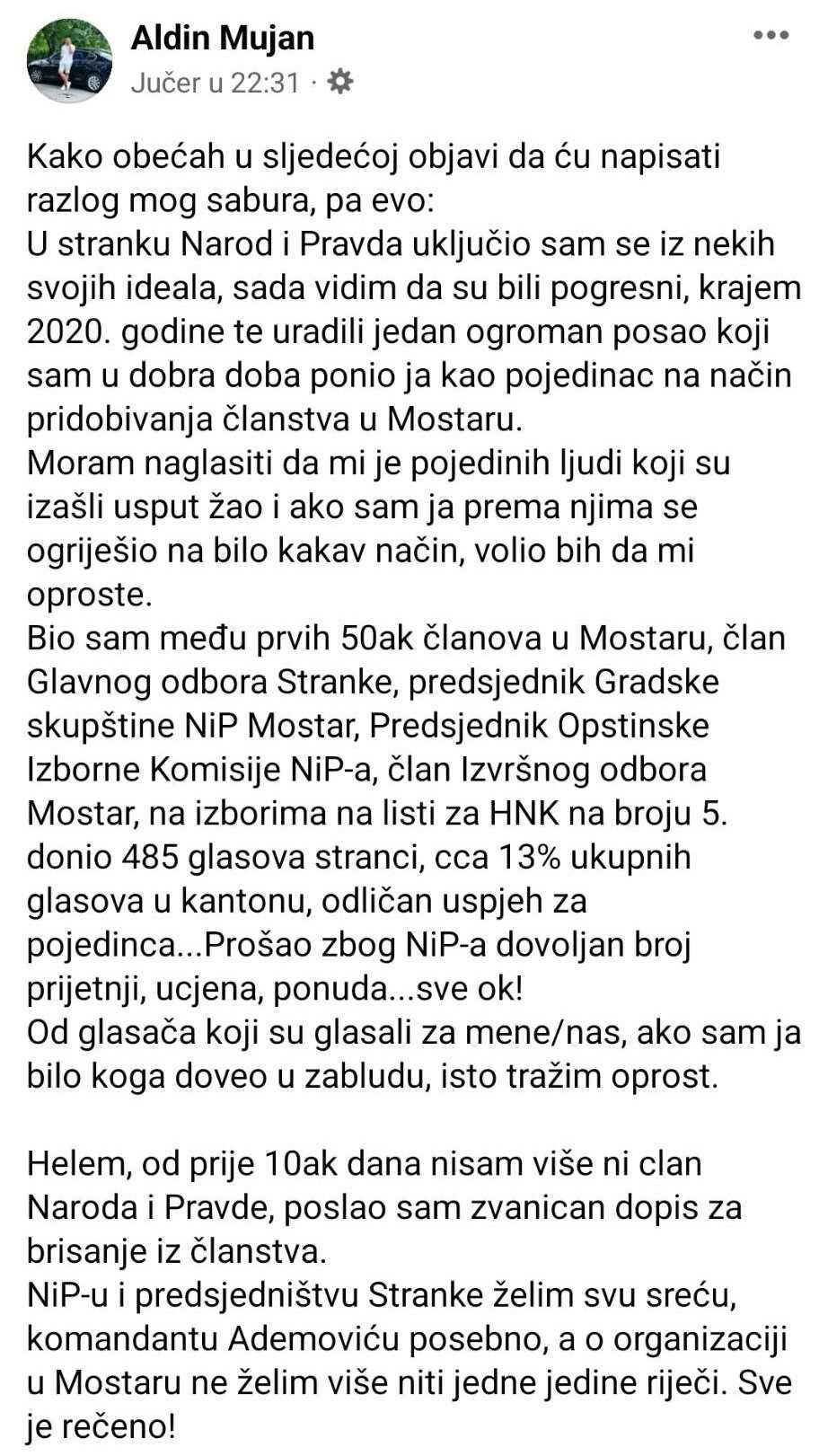 OSIPANJE SE NASTAVLJA: Aldin Mujan napustio Narod i Pravdu: "Dosta mi ...